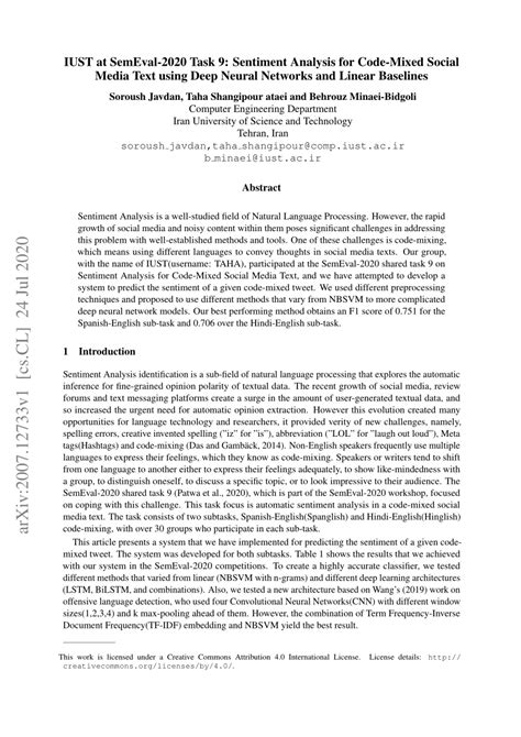 Pdf Iust At Semeval 2020 Task 9 Sentiment Analysis For Code Mixed