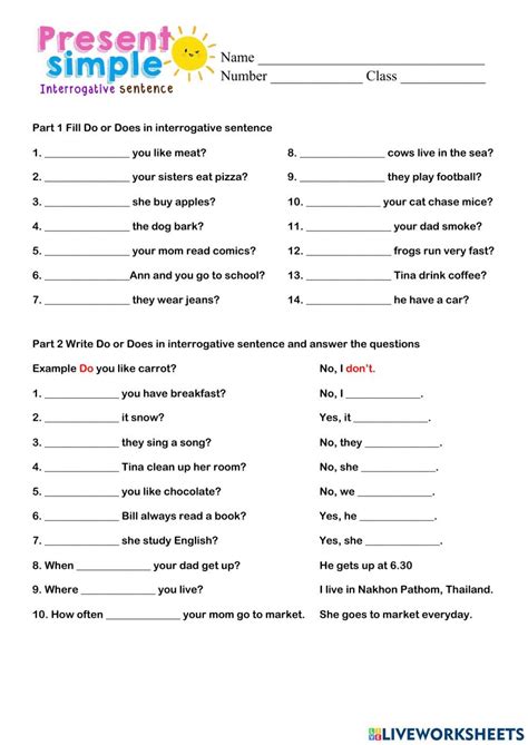 Present Simple Interrogative Sentence Worksheet Sentences English