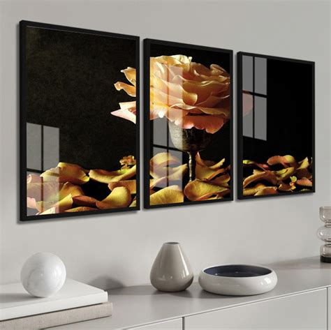 Kit 3 Quadros Decorativos Flores Amarela Moldura E Vidro