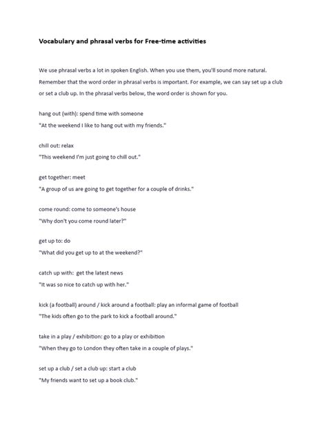 Vocabulary And Phrasal Verbs For Hobbies Pdf Linguistics Human