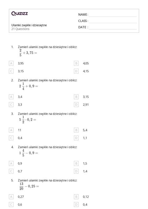 Ponad 50 Ułamki arkuszy w Quizizz Darmowe i do druku