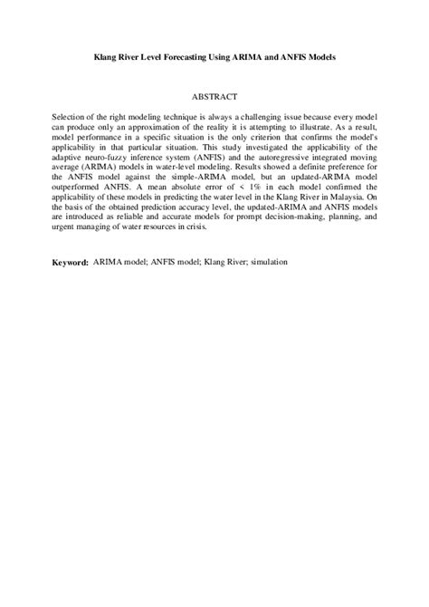 Pdf Klang River Level Forecasting Using Arima And Anfis Models