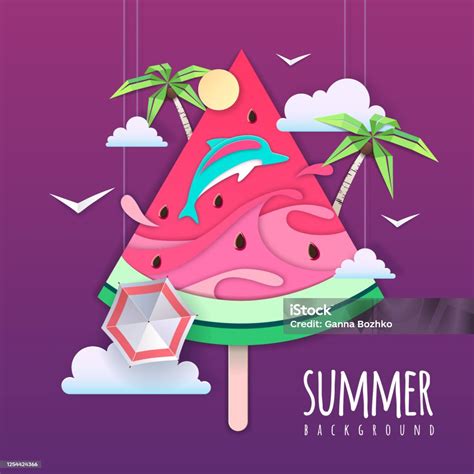 바다 또는 오세안 풍경과 돌고래가 있는 수박 조각 여름 해변 배경 종이 아트 스타일 디자인을 잘라냅니다 종이 접기 갈매기에 대한 스톡 벡터 아트 및 기타 이미지 Istock