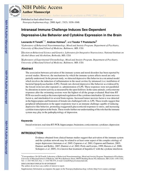 Pdf Intranasal Immune Challenge Induces Sex Dependent Depressive Like