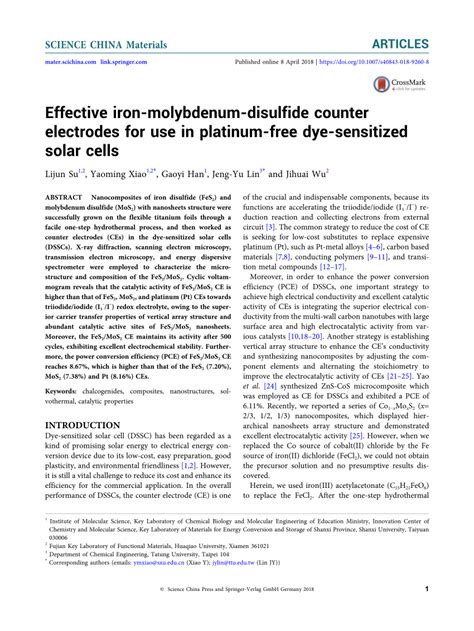 Pdf Effective Iron Molybdenum Disulfide Counter Electrodes For Use In