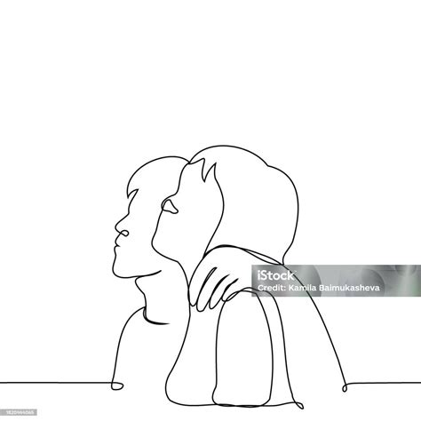 남자는 여자를 껴안고 그들은 프로필에 서서 위를 올려다 봅니다 하나의 라인 아트 벡터 한 방향 친구 또는 커플을 바라보는 개념