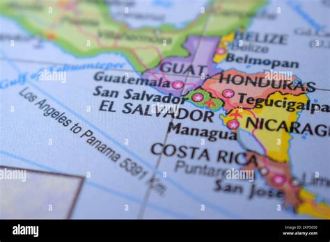 El Salvador Travel Concept Country Name On The Political World Map Very Macro Close Up View