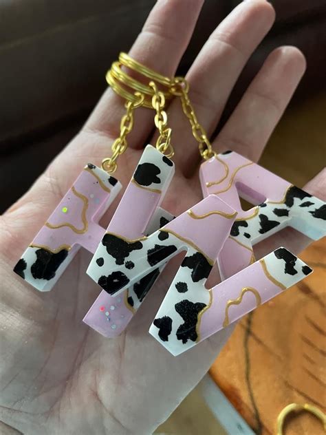 Pink Cow Print Initial Letter Resin Keychain Christmas Gift Etsy UK