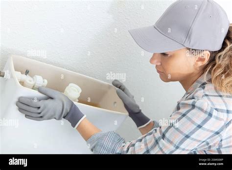 Female Plumber Installing A Toilet Cistern Stock Photo Alamy