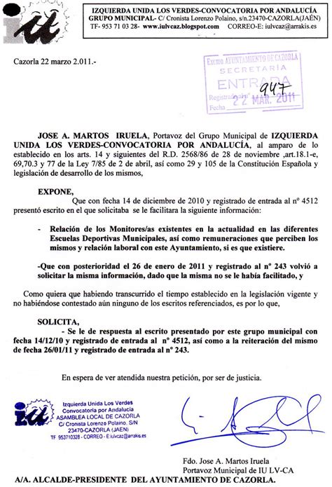 ESCRITOS PRESENTADOS AL AYUNTAMIENTO Izquierda Unida Los Verdes Cazorla