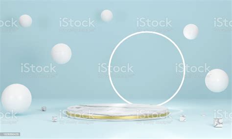 3d 둥근 대리석 받침대가 있는 최소한의 추상적인 장면과 금색 흰색 공으로 둘러싸여 있습니다 연단은 흰색 배경에 고립 된 광고에