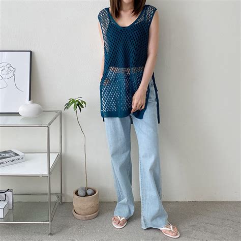 여자 여름 시원한 넉넉한 그물 망사 롱 트임 조끼 Wjk4164