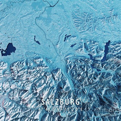 Salzburg 3d Render Satellite View Topographic Map Blue Digital Art By