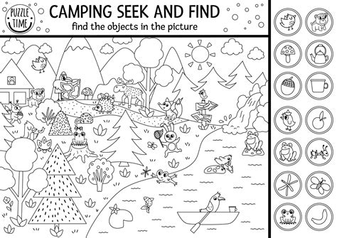 Vector Jogo De Busca De Acampamento Em Preto E Branco Ou Página Para Colorir Com Animais Fofos