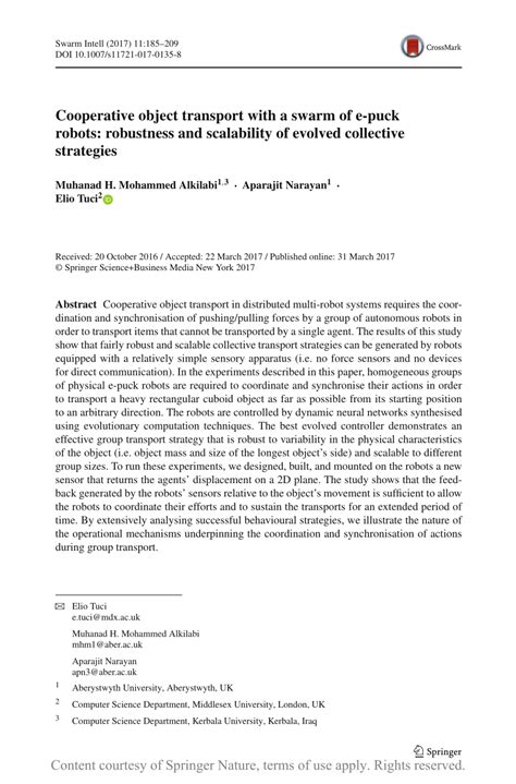 Cooperative Object Transport With A Swarm Of E Puck Robots Robustness And Scalability Of