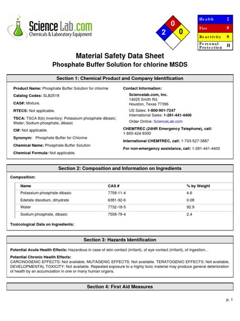 Phosphate Buffer Solution For Chlorine Msds Section 1 Chemical