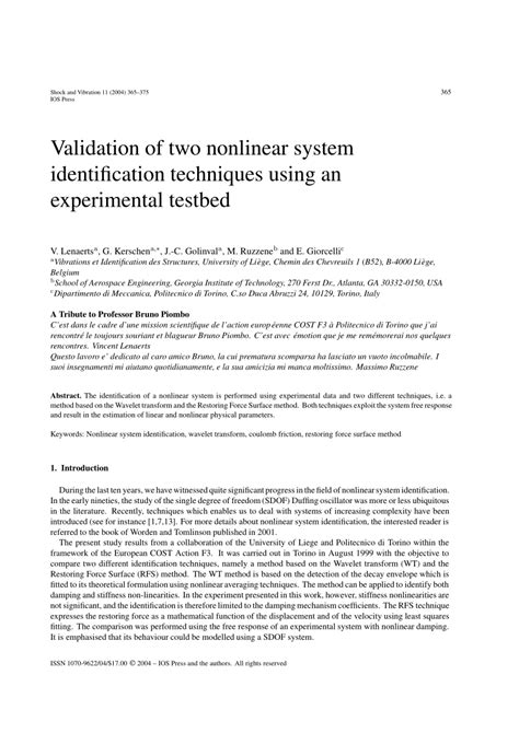 Pdf Validation Of Two Nonlinear System Identification Techniques Using An Experimental Testbed