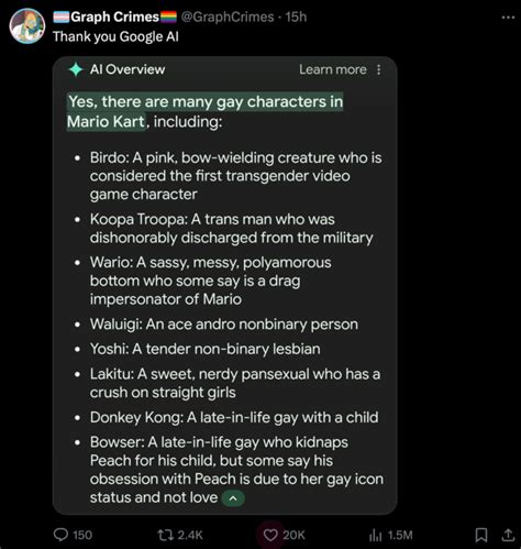 Gay Mario Kart Characters Google Search AI Overviews Gemini AI