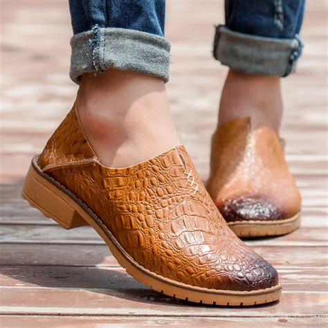 Weweya Leather Oxford Shoes Women Round Toe Slip On Gradient Brown