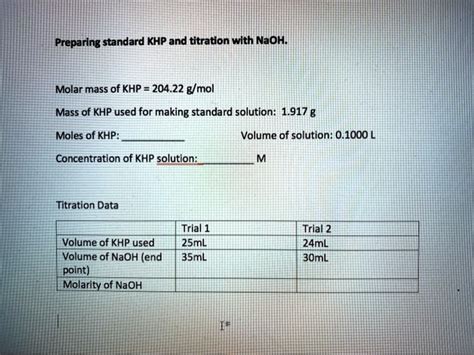 SOLVED: Preparing standard KHP and titration with NaOH: Molar mass of KHP = 204.22 g/mol Mass of ...