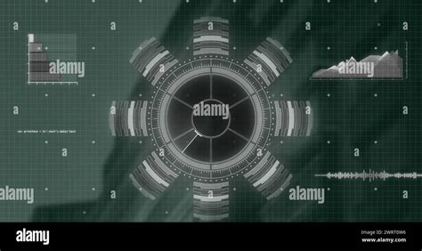 Image Of Round Scanner And Data Processing Against Tall Buildings Stock