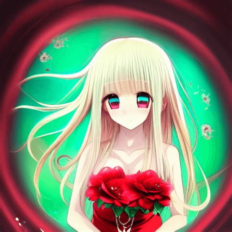 Anime Meisje Met Grafische Blonde Haren En Rode Bloem Lichtcyaan Jurk