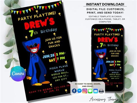 Poppy Playtime Huggy Wuggy Digital Diy Template Invitation Invite Pj