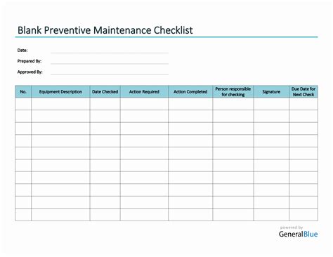Blank Preventive Maintenance Checklist In Excel
