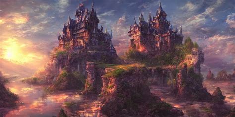 Fantasy Anime Landscape Castle Populated Digital Art Stable Diffusion