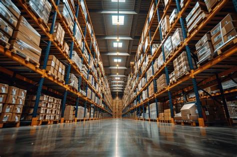 A Large Warehouse With Many Boxes On The Shelves Stock Image Image Of