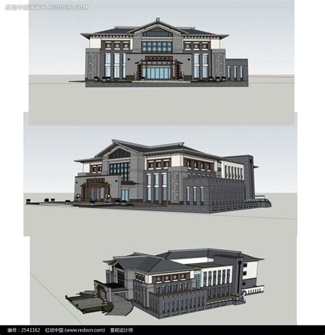 中式会所su建筑草图大师模型图片下载红动中国