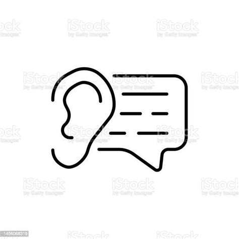 청각 라인 아이콘입니다 말풍선 메시지 뉴스 귀 비밀 속삭임 발표 대화 가십 소문 통신 개념입니다 흰색 배경에 벡터 검은 선