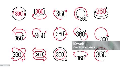 360도 선 아이콘 회전 화살표 Vr 파노라마 시뮬레이션 전체 회전 벡터 0명에 대한 스톡 벡터 아트 및 기타 이미지 0명