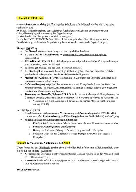 PSK Zusammenfassung GWL GEWÄHRLEISTUNG verschuldensunabhängige