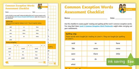 Level 5 Common Exception Words Assessment Checklist Twinkl