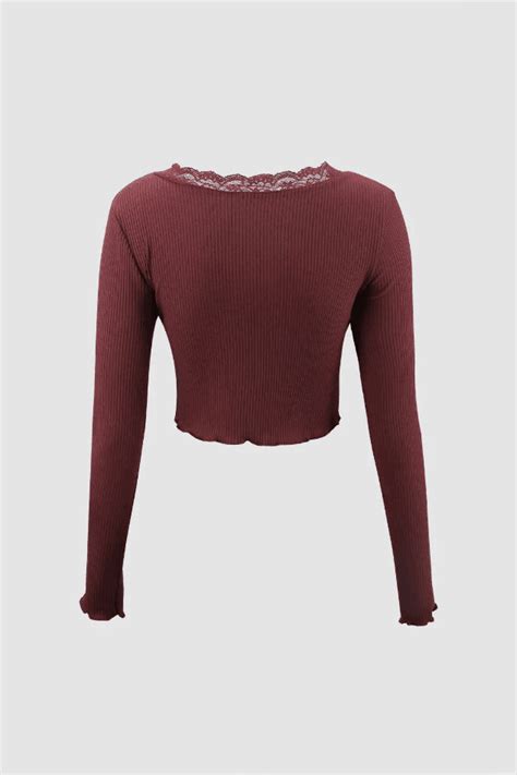 Lace Trim V Neck Long Sleeve Top Houseofhalley