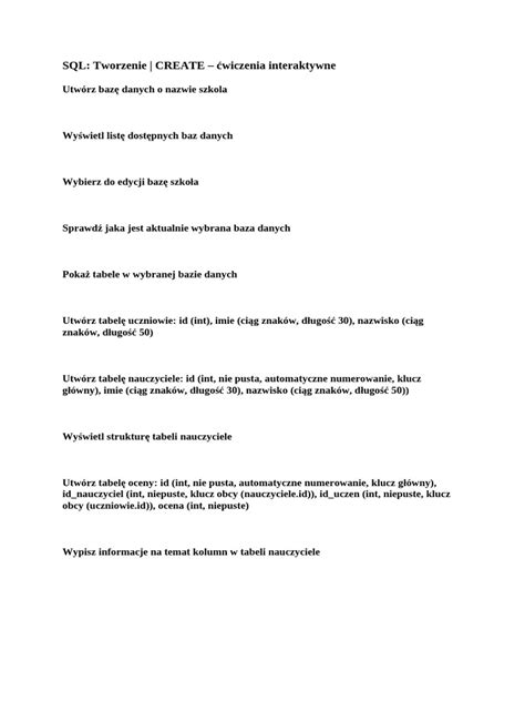 Sql Tworzenie Create Ćwiczenia Interaktywne Pdf