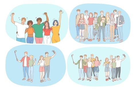 재미 행복 웃는 사람들 친구 청소년의 그룹 프리미엄 벡터
