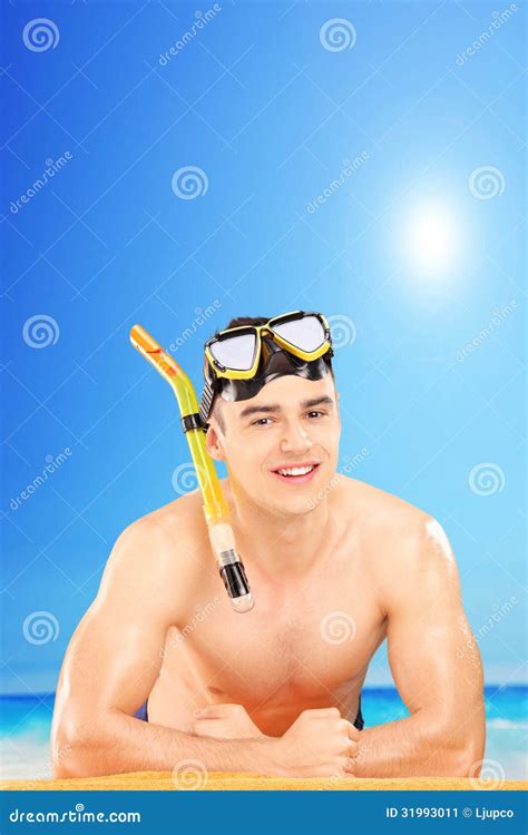 Young Man Wearing A Snorkeling Mask On A Beach Stock Image Image