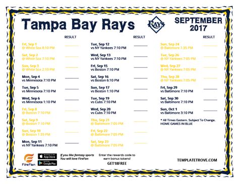 Printable 2017 Tampa Bay Rays Schedule