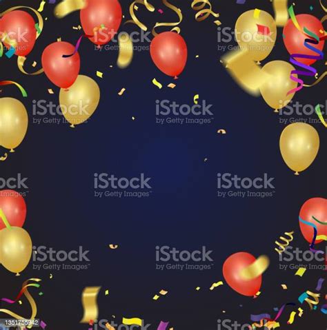 벡터 디자인 색종이와 황금 색 풍선 밝은 배경에 리본 축제 일러스트레이션 인사말 카드 3차원 형태에 대한 스톡 벡터 아트 및
