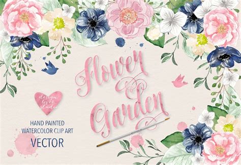Vector Watercolor Navy Blue And Pink Flower Garden 4306