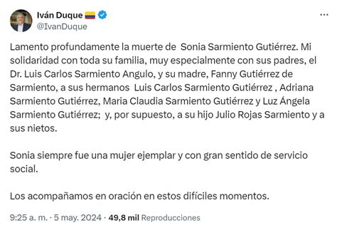 Murió Sonia Sarmiento Gutiérrez hija del multimillonario Luis Carlos Sarmiento Angulo líderes