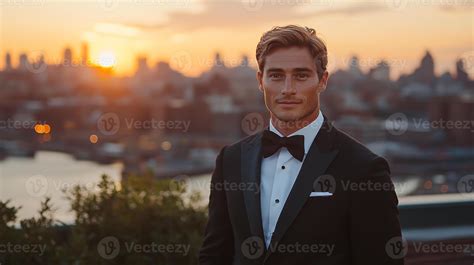 A Well Dressed Man Stands Confidently In Formal Attire As The Sun Sets