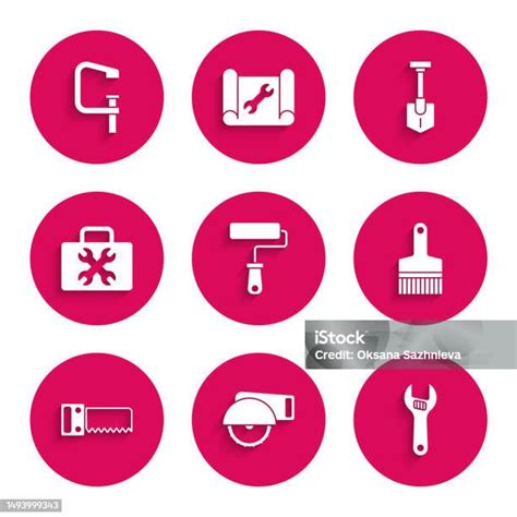 페인트 롤러 브러시 전기 원형 톱 조정 가능한 렌치 손 도구 상자 삽 및 클램프 나사 도구 아이콘을 설정합니다 벡터 건설 산업에 대한 스톡 벡터 아트 및 기타 이미지