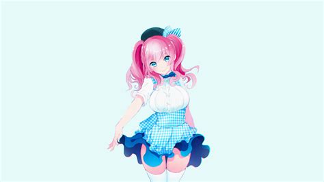 Wallpaper Anime Girls Skirt Stockings Pink Hair Blue Eyes Simple