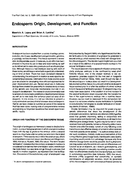 Pdf Endosperm Origin Development And Function