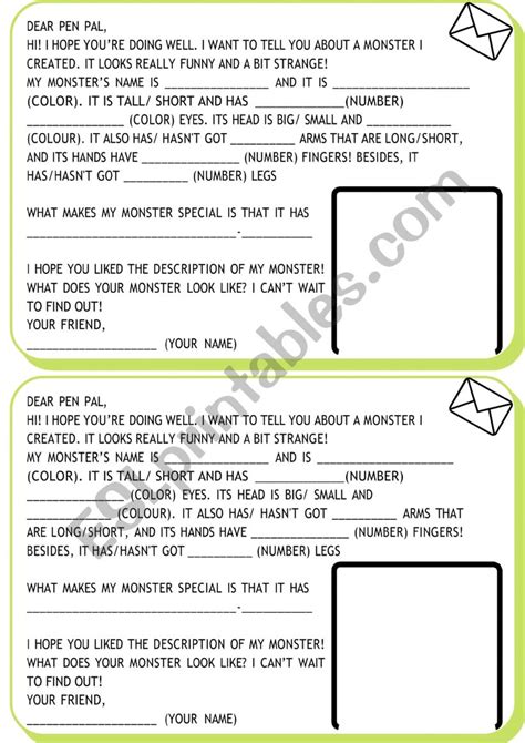 Pen Pal Letter Monsters Esl Worksheet By Agusbor18