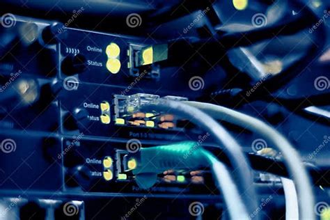Network Connection Technology With Network Switch Router Ethernet Cables And Status Led To Show