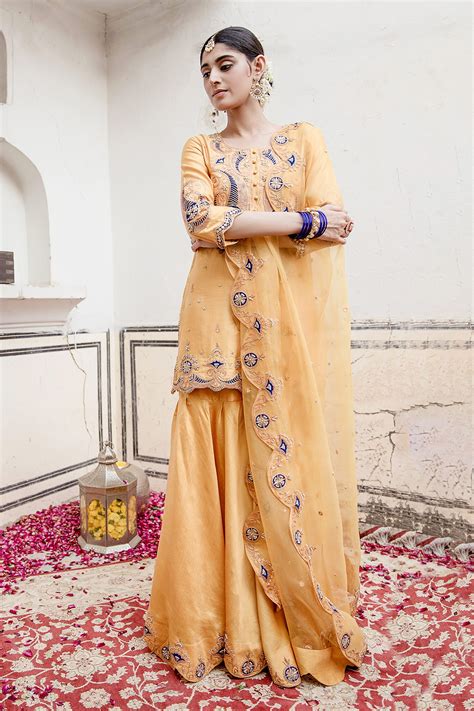Buy Surbhi Shah Yellow Silk Embroidered Kurta Sharara Set Online Aza